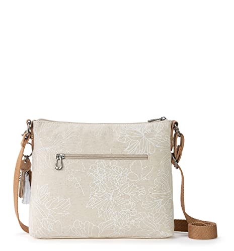 Sakroots Basic Crossbody Bag in Coated Canvas, Multifunctional Purse with Adjustable Strap & Zipper Pockets, White Flower Blossom