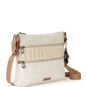 Sakroots Basic Crossbody Bag in Coated Canvas, Multifunctional Purse with Adjustable Strap & Zipper Pockets, White Flower Blossom