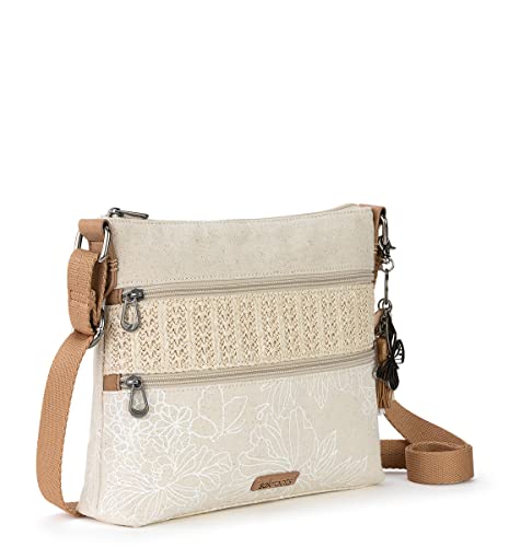 Sakroots Basic Crossbody Bag in Coated Canvas, Multifunctional Purse with Adjustable Strap & Zipper Pockets, White Flower Blossom