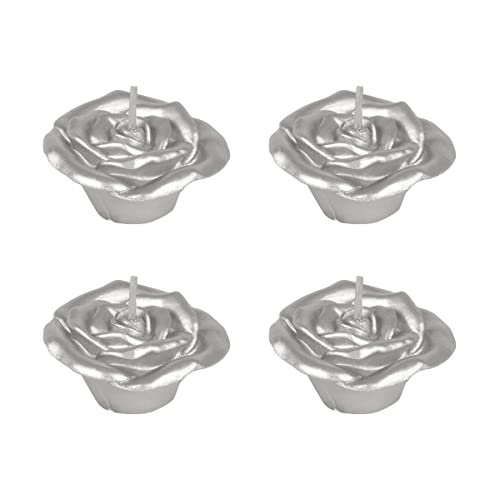 SRG 4 pcs Unscented Silver Floating Rose Petals Flower Candle, Hand Poured Paraffin Wax Candles 2 Inch Diameter, Home Décor, Wedding Receptions, Baby Showers, Birthdays, Celebrations & Party Favors