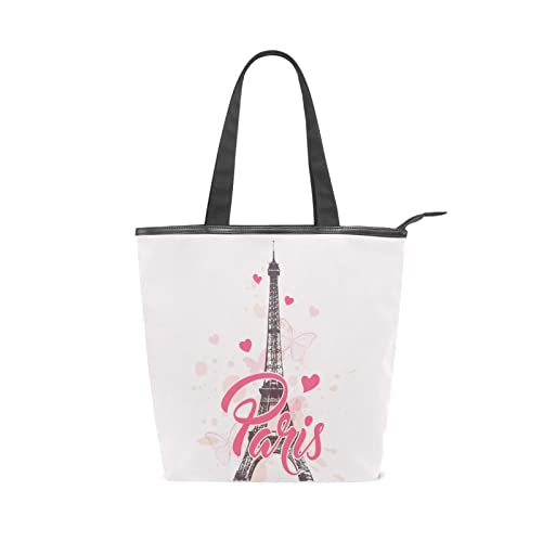 Vnurnrn Canvas Tote Bag with Zipper Light Large Capacity,Paris Eiffel Tower Handbag Shopping Shoulder Bag for Outdoors