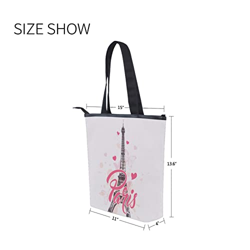 Vnurnrn Canvas Tote Bag with Zipper Light Large Capacity,Paris Eiffel Tower Handbag Shopping Shoulder Bag for Outdoors