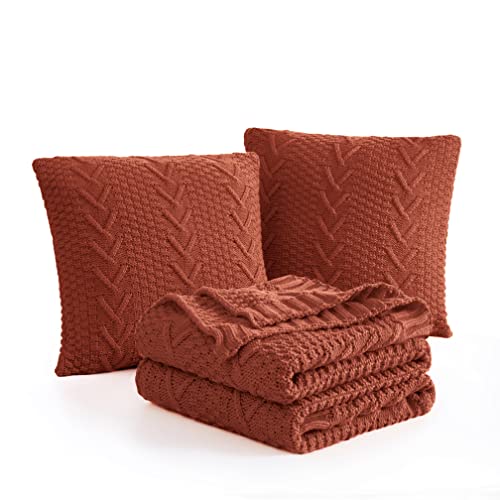 Aormenzy Knitted Throw Blanket (50" x 60") and 2 Pillow Covers (18" x 18"), 3 Piece Rust Throw Blanket Set, Decorative Throw Blankets for Couch Sofa Bed Living Room