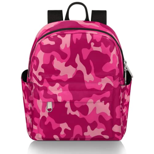 Red Pink Camouflage Pattern Mini Backpack for Women, Small Fashion Backpack Purse Travel Casual Lightweight Daypack