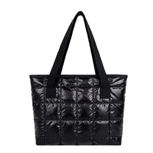 Women Light Weight Puffer Quilted Tote Winter Handbag Shoulder Bag (Black)