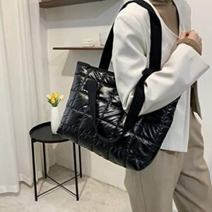 Women Light Weight Puffer Quilted Tote Winter Handbag Shoulder Bag (Black)