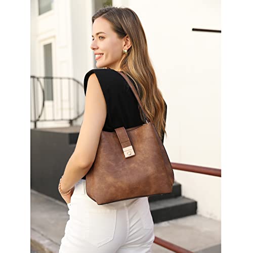 CLUCI Bucket bag, hobo bags for women Purses Handbags Vegan Leather Designer Tote Large Hobo Shoulder Cross-body Bag, Two-tone Brown