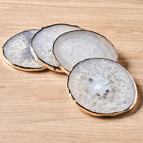 White Agate Coasters for Drinks, Crystal Coasters with Gold Edge 3.5 - 4", Geode Coaster Set of 4, Gemstone Natural Stone Coasters for Coffee Table, White Agate Slices Cup Mat for Home Decor