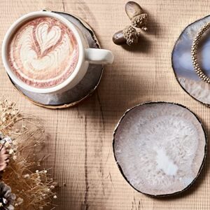 White Agate Coasters for Drinks, Crystal Coasters with Gold Edge 3.5 - 4", Geode Coaster Set of 4, Gemstone Natural Stone Coasters for Coffee Table, White Agate Slices Cup Mat for Home Decor