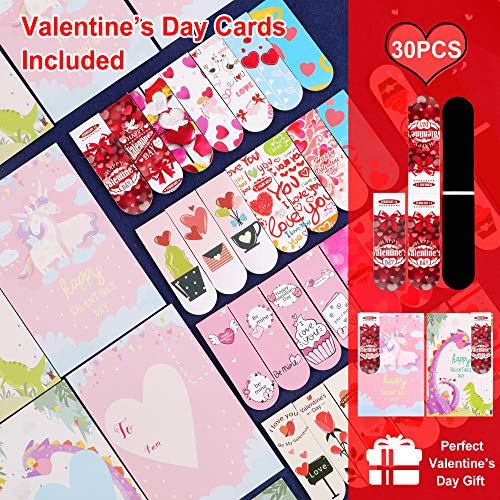 FiGoal 30 Pack Valentine's Day Magnetic Bookmark with 30 Valentine's Day Cards Kids Classroom Assorted Stationery Value Gift Set in 30 Different Designs Classroom Exchange Party Supplies