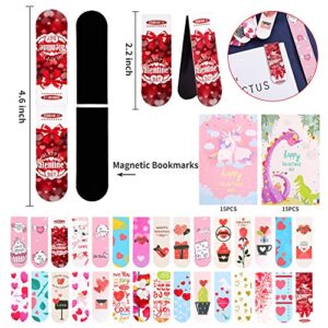 FiGoal 30 Pack Valentine's Day Magnetic Bookmark with 30 Valentine's Day Cards Kids Classroom Assorted Stationery Value Gift Set in 30 Different Designs Classroom Exchange Party Supplies