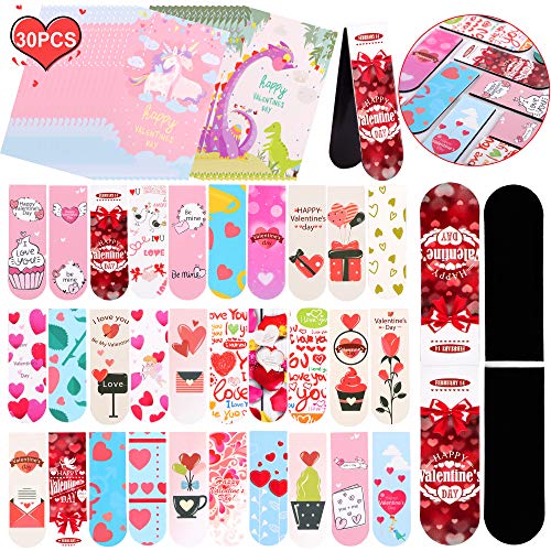 FiGoal 30 Pack Valentine's Day Magnetic Bookmark with 30 Valentine's Day Cards Kids Classroom Assorted Stationery Value Gift Set in 30 Different Designs Classroom Exchange Party Supplies