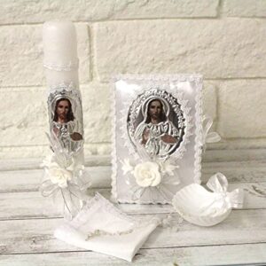 elegant handmade 5 piece jesus foil picture lace baptism christening shells candle set favors girl boy white set de bautizo espanol nina nino berries communion lace gift box