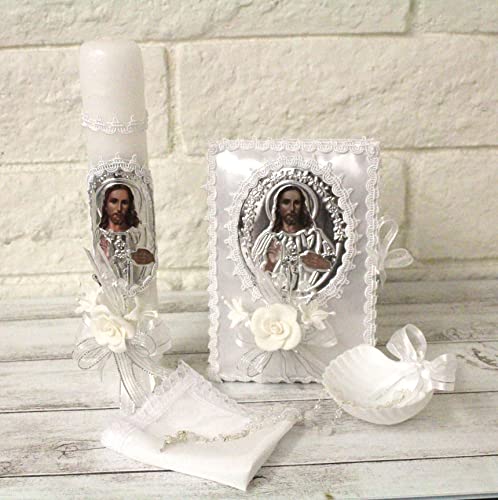 Elegant Handmade 5 Piece Jesus Foil Picture Lace Baptism Christening Shells Candle Set Favors Girl Boy White Set de Bautizo Espanol Nina Nino Berries Communion Lace Gift Box