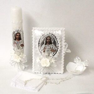 Elegant Handmade 5 Piece Jesus Foil Picture Lace Baptism Christening Shells Candle Set Favors Girl Boy White Set de Bautizo Espanol Nina Nino Berries Communion Lace Gift Box