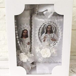 Elegant Handmade 5 Piece Jesus Foil Picture Lace Baptism Christening Shells Candle Set Favors Girl Boy White Set de Bautizo Espanol Nina Nino Berries Communion Lace Gift Box