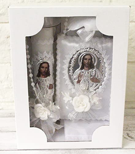 Elegant Handmade 5 Piece Jesus Foil Picture Lace Baptism Christening Shells Candle Set Favors Girl Boy White Set de Bautizo Espanol Nina Nino Berries Communion Lace Gift Box