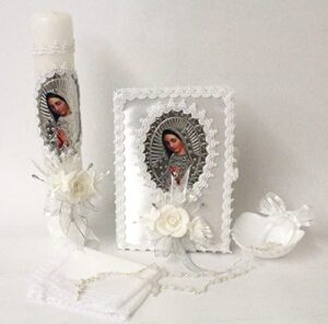 elegant handmade 5 piece our lady guadalupe virgin mary foil picture lace baptism christening shells candle set favors girl boy white set de bautizo espanol nina nino communion lace gift box