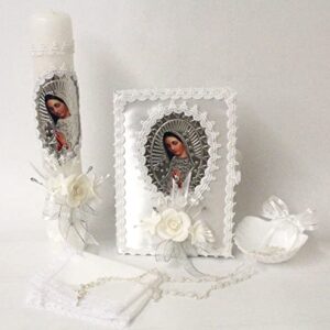 Elegant Handmade 5 Piece Our Lady Guadalupe Virgin Mary Foil Picture Lace Baptism Christening Shells Candle Set Favors Girl Boy White Set de Bautizo Espanol Nina Nino Communion Lace Gift Box