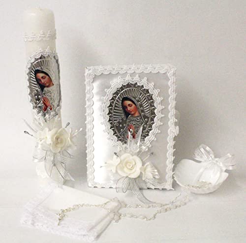 Elegant Handmade 5 Piece Our Lady Guadalupe Virgin Mary Foil Picture Lace Baptism Christening Shells Candle Set Favors Girl Boy White Set de Bautizo Espanol Nina Nino Communion Lace Gift Box