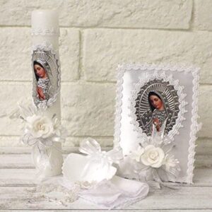 Elegant Handmade 5 Piece Our Lady Guadalupe Virgin Mary Foil Picture Lace Baptism Christening Shells Candle Set Favors Girl Boy White Set de Bautizo Espanol Nina Nino Communion Lace Gift Box