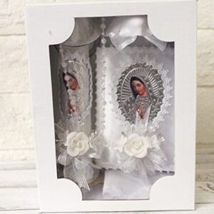 Elegant Handmade 5 Piece Our Lady Guadalupe Virgin Mary Foil Picture Lace Baptism Christening Shells Candle Set Favors Girl Boy White Set de Bautizo Espanol Nina Nino Communion Lace Gift Box