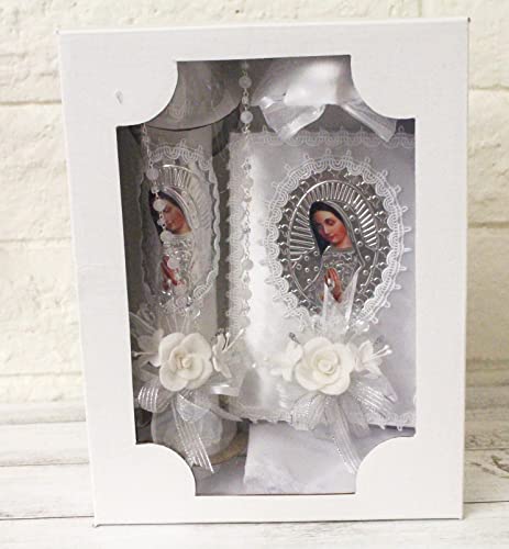 Elegant Handmade 5 Piece Our Lady Guadalupe Virgin Mary Foil Picture Lace Baptism Christening Shells Candle Set Favors Girl Boy White Set de Bautizo Espanol Nina Nino Communion Lace Gift Box