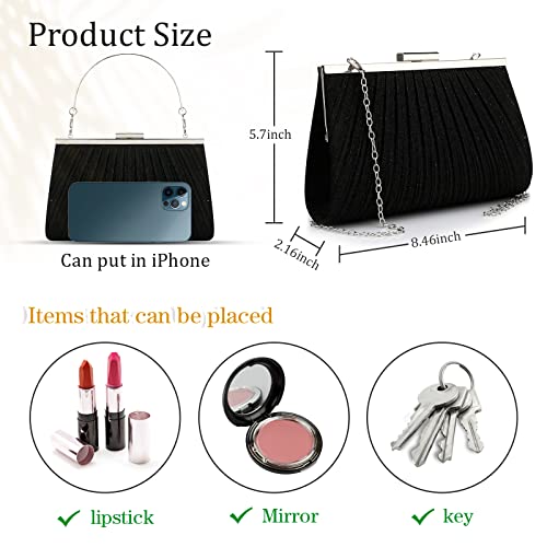 Clutch Purse Women Glittering Handbag Top Handle Evening Bag Crossbody Bag Shoulder Bag for Wedding Party Prom (Black)