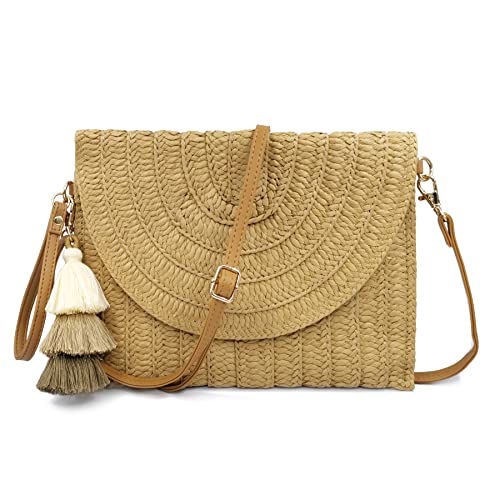 Aovtero Straw Clutch Purse Women Crossbody Bag Summer Beach Shoulder Bags Envelope Wallet Handbags (Light Brown)