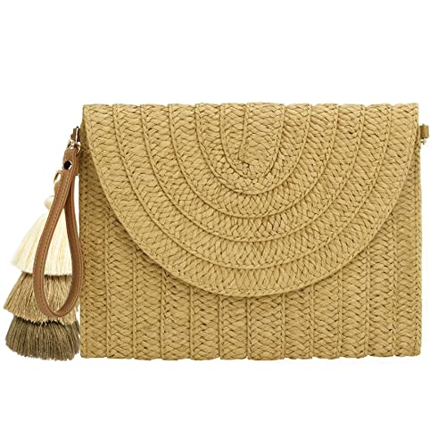 Aovtero Straw Clutch Purse Women Crossbody Bag Summer Beach Shoulder Bags Envelope Wallet Handbags (Light Brown)