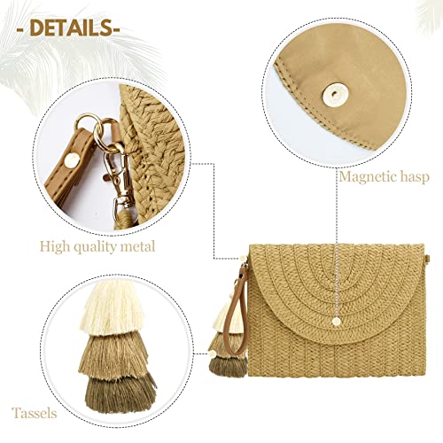 Aovtero Straw Clutch Purse Women Crossbody Bag Summer Beach Shoulder Bags Envelope Wallet Handbags (Light Brown)