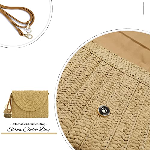 Aovtero Straw Clutch Purse Women Crossbody Bag Summer Beach Shoulder Bags Envelope Wallet Handbags (Light Brown)