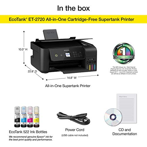 Epson EcoTank ET-2720 Wireless Color All-in-One Supertank Printer with Scanner and Copier - Black