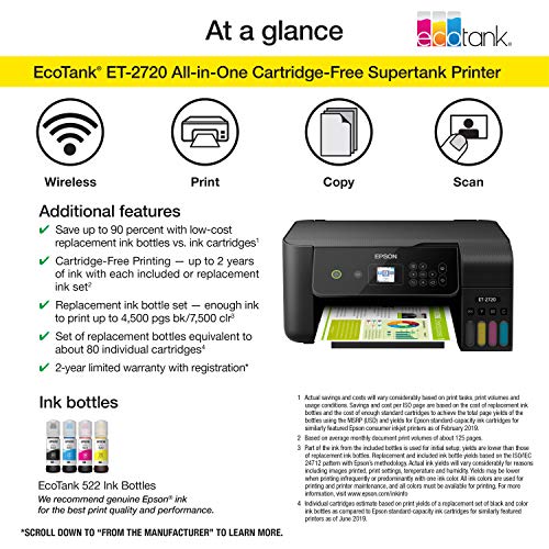 Epson EcoTank ET-2720 Wireless Color All-in-One Supertank Printer with Scanner and Copier - Black