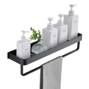 fippkargo bathroom shelf with towel bar, wall mounted shower storage organizer holder rack, floating shelf for bathroom,kitchen,toilet 15.7″ (black)