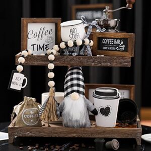 8 Pieces Coffee Bar Decor Sign Farmhouse Tiered Tray Decors,Coffee Wooden Sign Mini Coffee Mug Wooden Beads Garland for RusticTiered Tray Kitchen Table Decoration