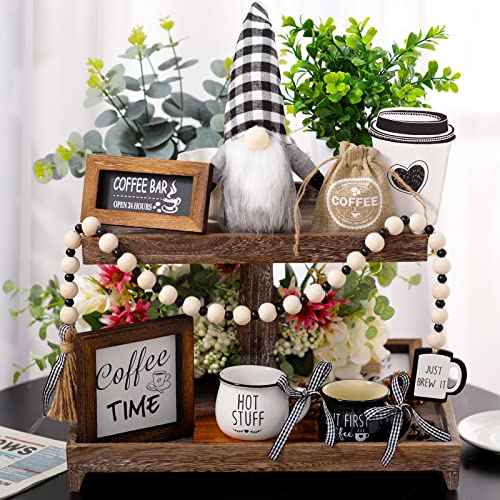 8 Pieces Coffee Bar Decor Sign Farmhouse Tiered Tray Decors,Coffee Wooden Sign Mini Coffee Mug Wooden Beads Garland for RusticTiered Tray Kitchen Table Decoration