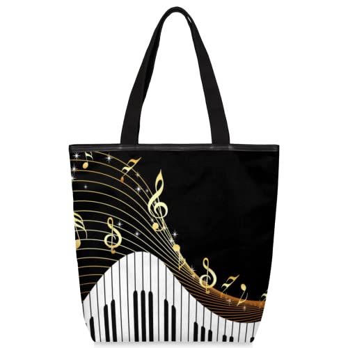 Music Theme Women's Canvas Tote Bag, Piano Keyboard Music Notes Shoulder Handbag Bags with Zip Large Beach Bag for School Shopping Business Work Travel