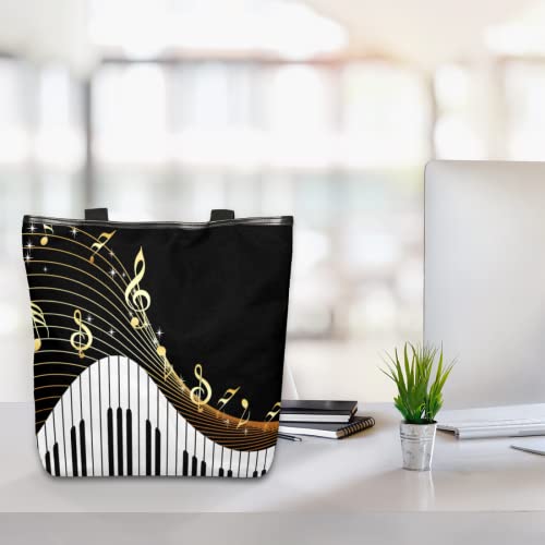 Music Theme Women's Canvas Tote Bag, Piano Keyboard Music Notes Shoulder Handbag Bags with Zip Large Beach Bag for School Shopping Business Work Travel