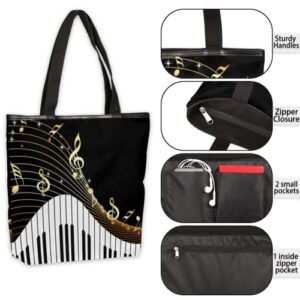 Music Theme Women's Canvas Tote Bag, Piano Keyboard Music Notes Shoulder Handbag Bags with Zip Large Beach Bag for School Shopping Business Work Travel