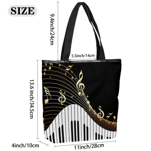 Music Theme Women's Canvas Tote Bag, Piano Keyboard Music Notes Shoulder Handbag Bags with Zip Large Beach Bag for School Shopping Business Work Travel