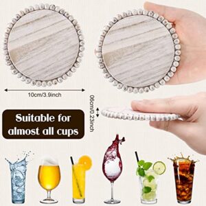 6 Pcs Beaded Wood Coasters Sets 3.94 Inches Round Beaded Coasters Farmhouse Coasters Home Wood Coasters for Drinks Bar Coasters Table Top Coasters for Home Kitchen Table Housewarming (White)