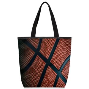 basketball ball print women’s canvas tote bag, basketball texture shoulder handbag bags with zip large beach bag for school shopping business work travel