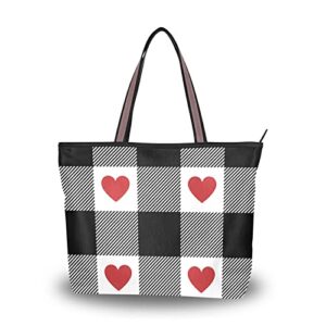 tote bag with zipper for women valentines black buffalo check plaid handbags pockets shoulder bag work large travel