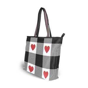 Tote Bag with Zipper for Women Valentines Black Buffalo Check Plaid Handbags Pockets Shoulder Bag Work Large Travel