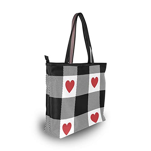 Tote Bag with Zipper for Women Valentines Black Buffalo Check Plaid Handbags Pockets Shoulder Bag Work Large Travel