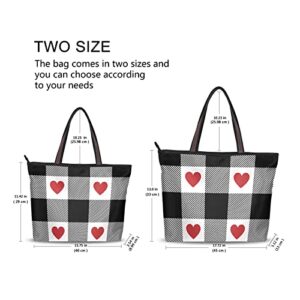 Tote Bag with Zipper for Women Valentines Black Buffalo Check Plaid Handbags Pockets Shoulder Bag Work Large Travel