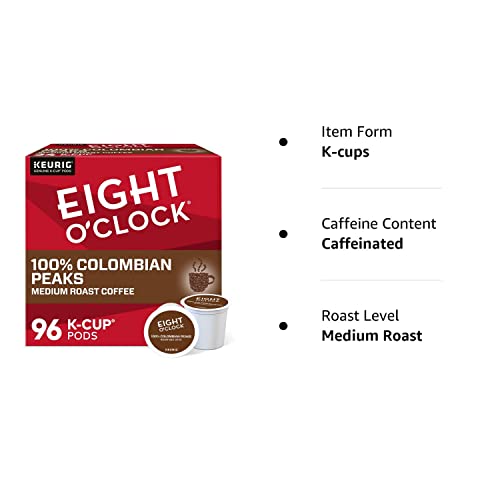 Eight O'Clock Coffee Colombian Peaks Single-Serve Keurig K-Cup Pods, Medium Roast Coffee Pods, 96 Count