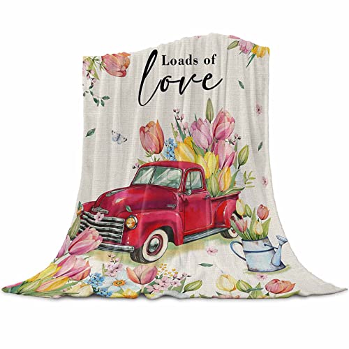 Easter Flannel Fleece Blanket Red Truck Tulip Super Soft Warm Cozy Throw Blankets Spring Flowers Butterfly Bed Couch or Car Blanket Mom Gift for Easter Mother's Day, Travel All Reason 40" x 50"