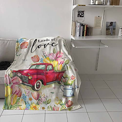 Easter Flannel Fleece Blanket Red Truck Tulip Super Soft Warm Cozy Throw Blankets Spring Flowers Butterfly Bed Couch or Car Blanket Mom Gift for Easter Mother's Day, Travel All Reason 40" x 50"